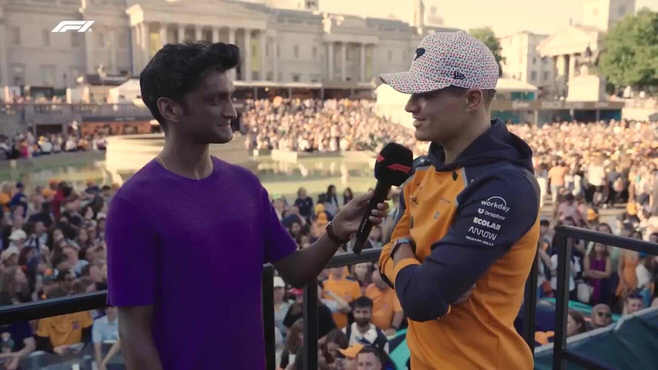 Lawrence Barretto chats with Lando Norris at the McLaren Trafalgar ...