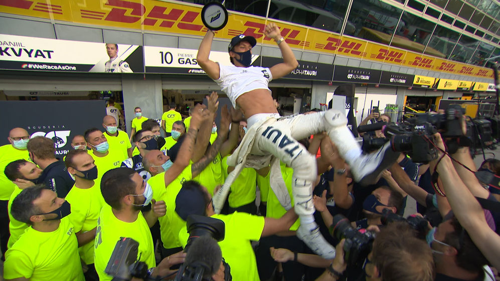 Pierre Gasly gets the bumps after maiden win at the 2020 Italian Grand Prix